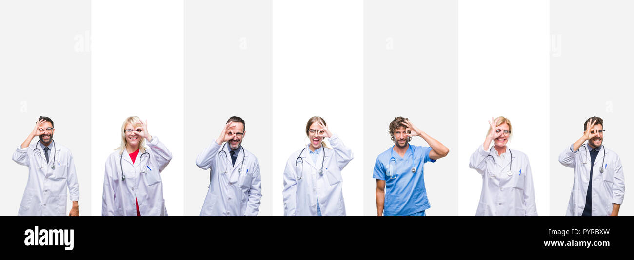Collage of professional doctors over stripes isolated background doing ...
