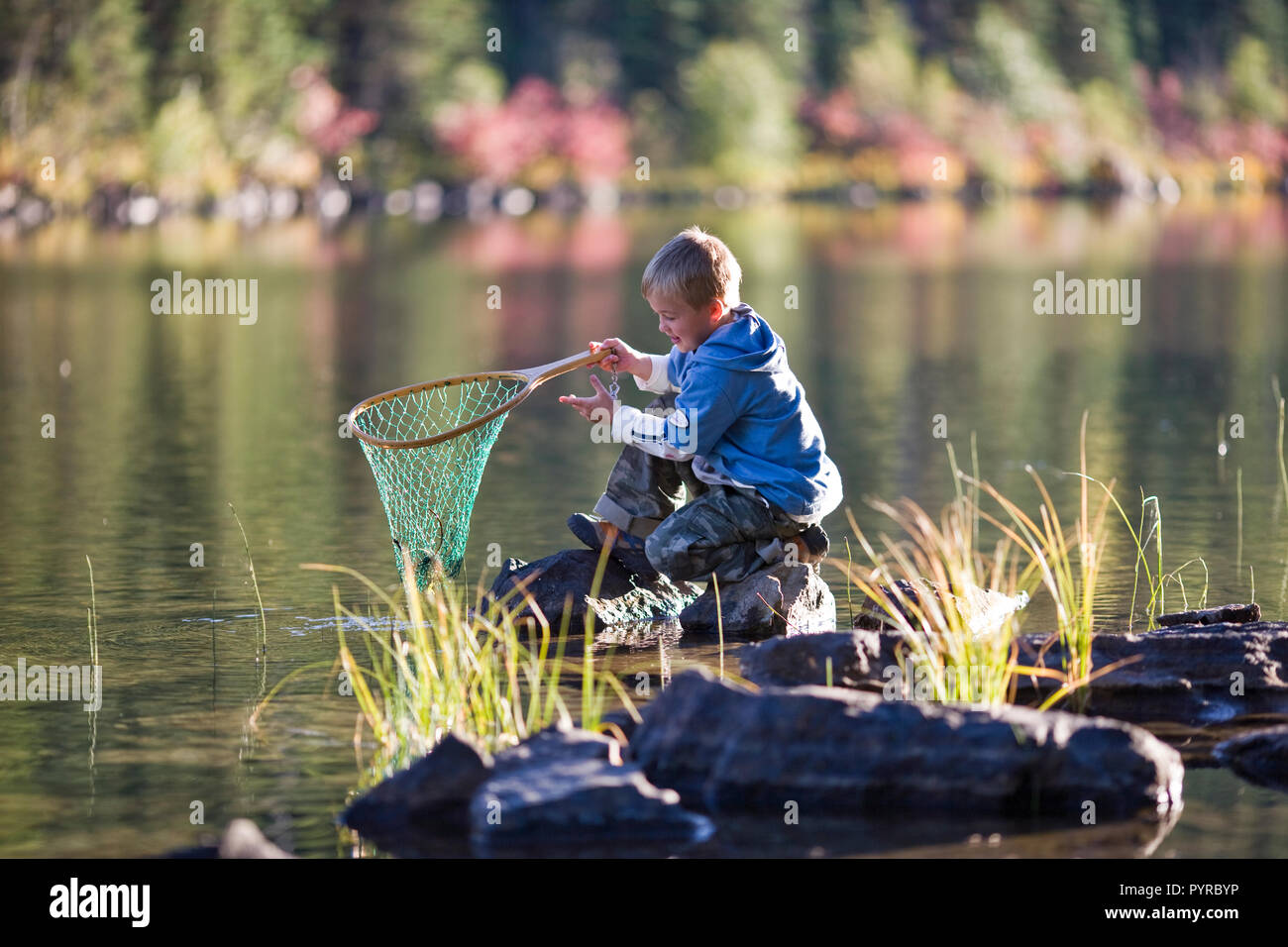 Boy holding fishing net fish hi-res stock photography and images - Alamy