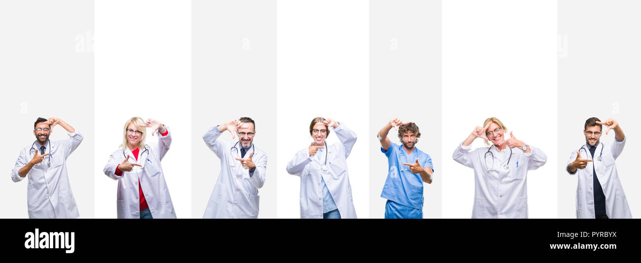 Collage of professional doctors over stripes isolated background ...