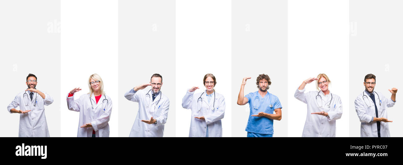 Collage of professional doctors over stripes isolated background ...