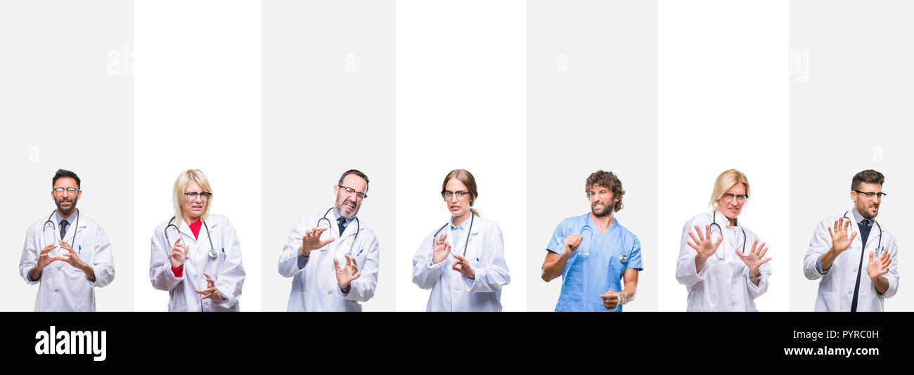 Collage of professional doctors over stripes isolated background ...