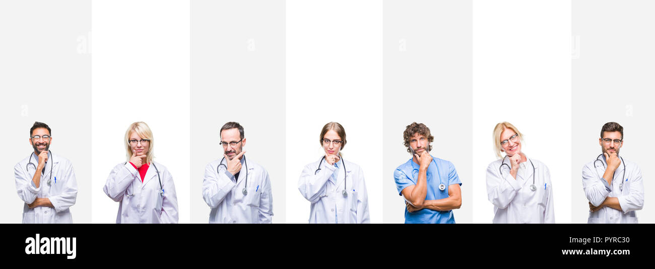 Collage of professional doctors over stripes isolated background ...