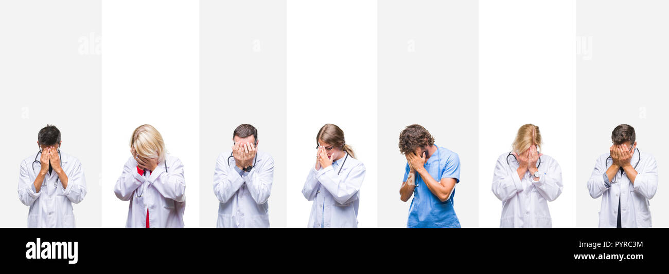 Collage of professional doctors over stripes isolated background with ...
