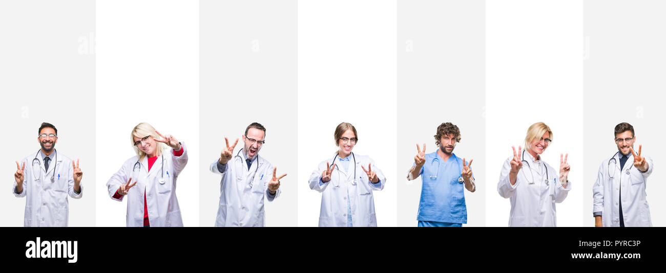 Collage of professional doctors over stripes isolated background ...