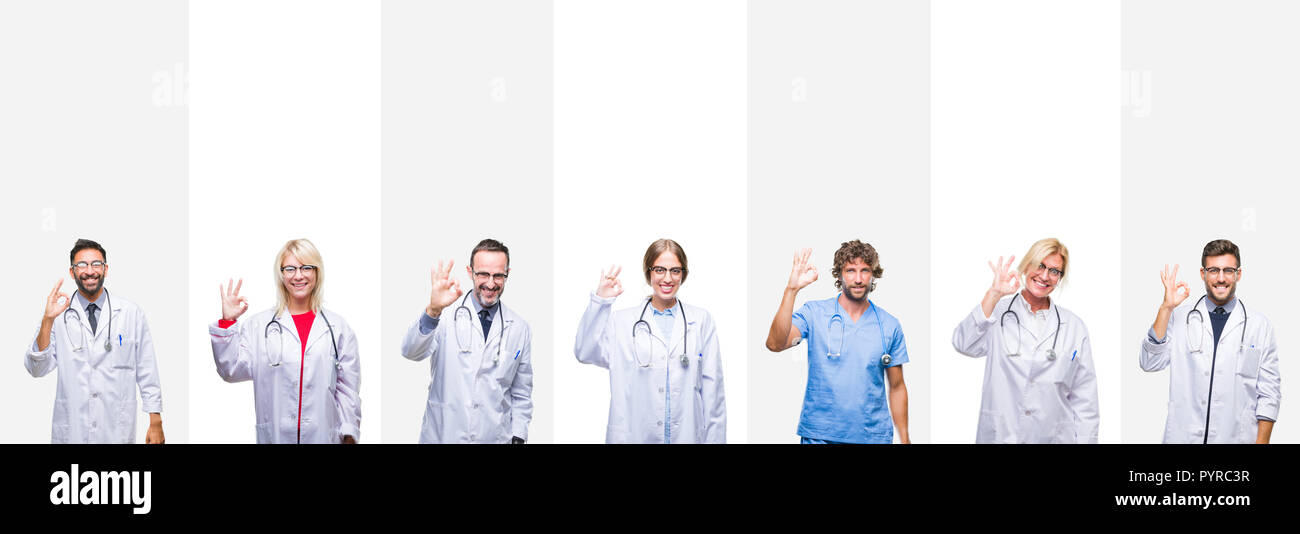 Collage of professional doctors over stripes isolated background ...