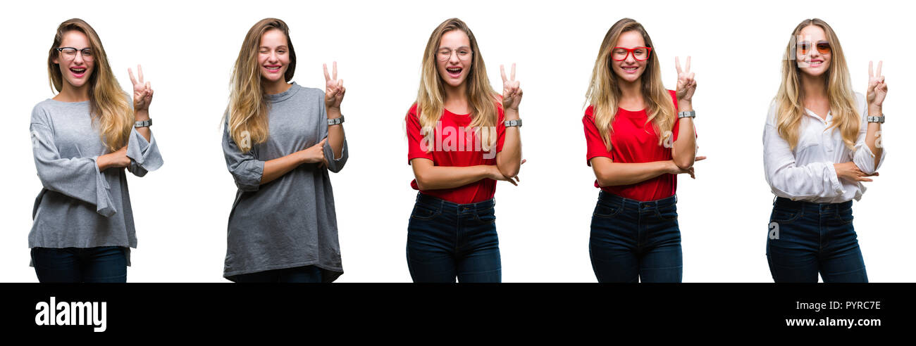 Collage of young beautiful blonde woman over isolated background ...