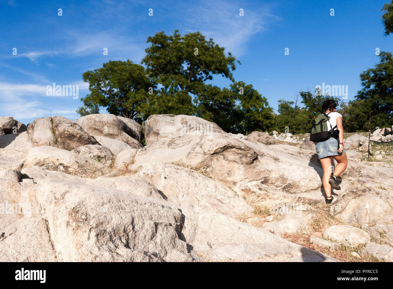 Tourists visit the Nebet Tepe ruins of the old city. Plovdiv, Bulgaria ...