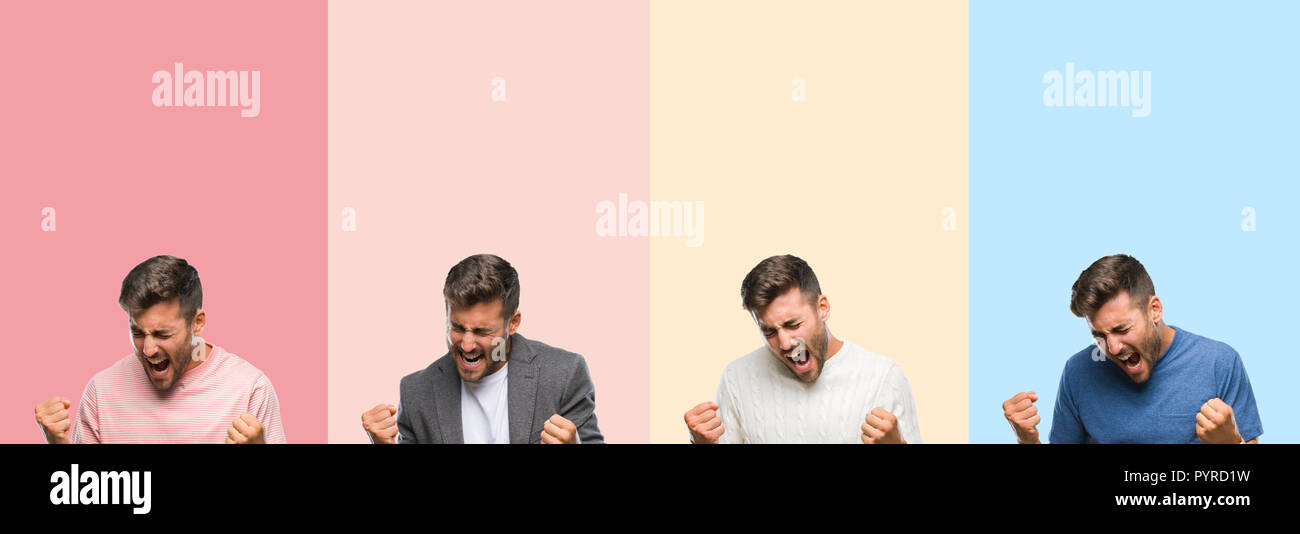 Collage of handsome young man over colorful stripes isolated background ...