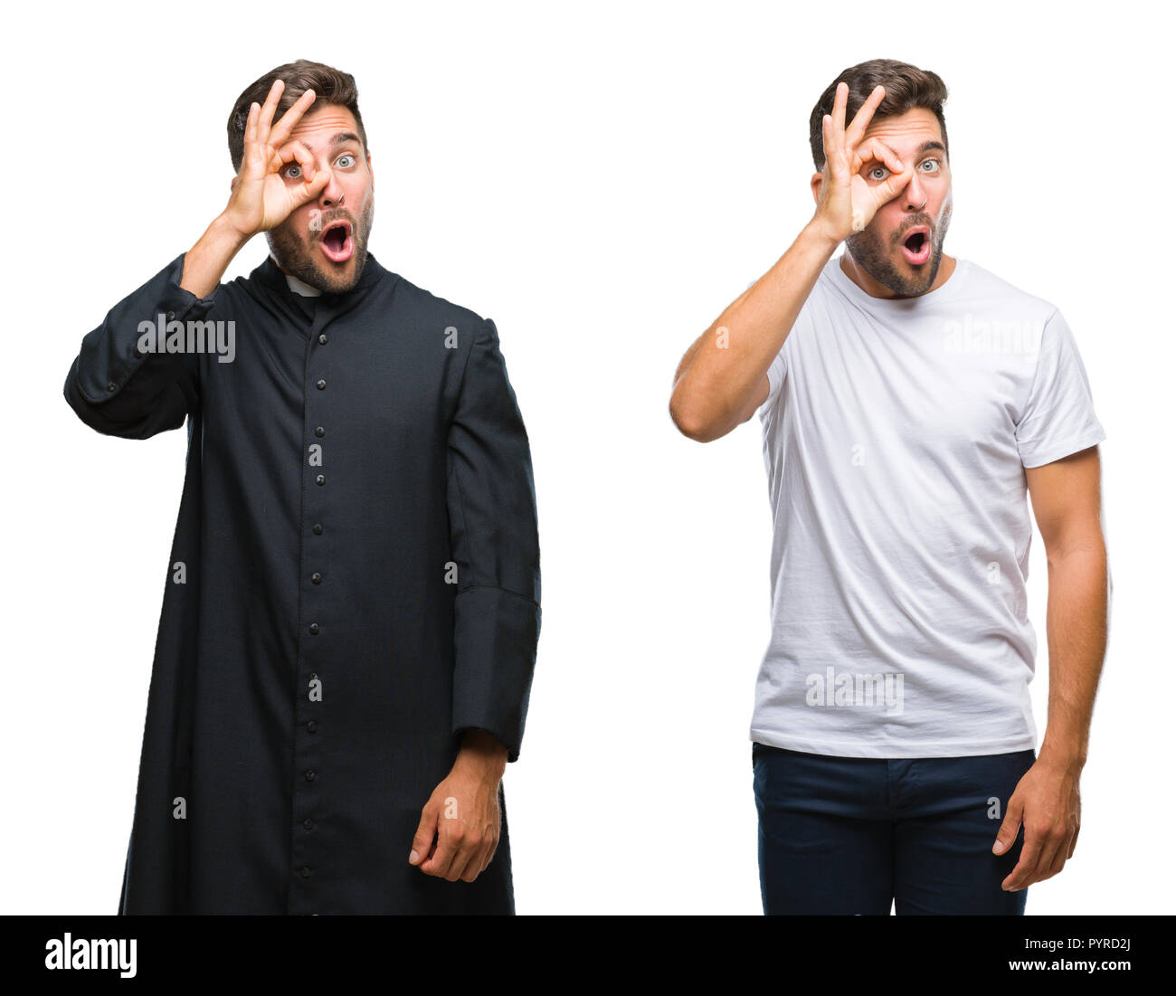 Collage of handsome young man and catholic priest over isolated ...