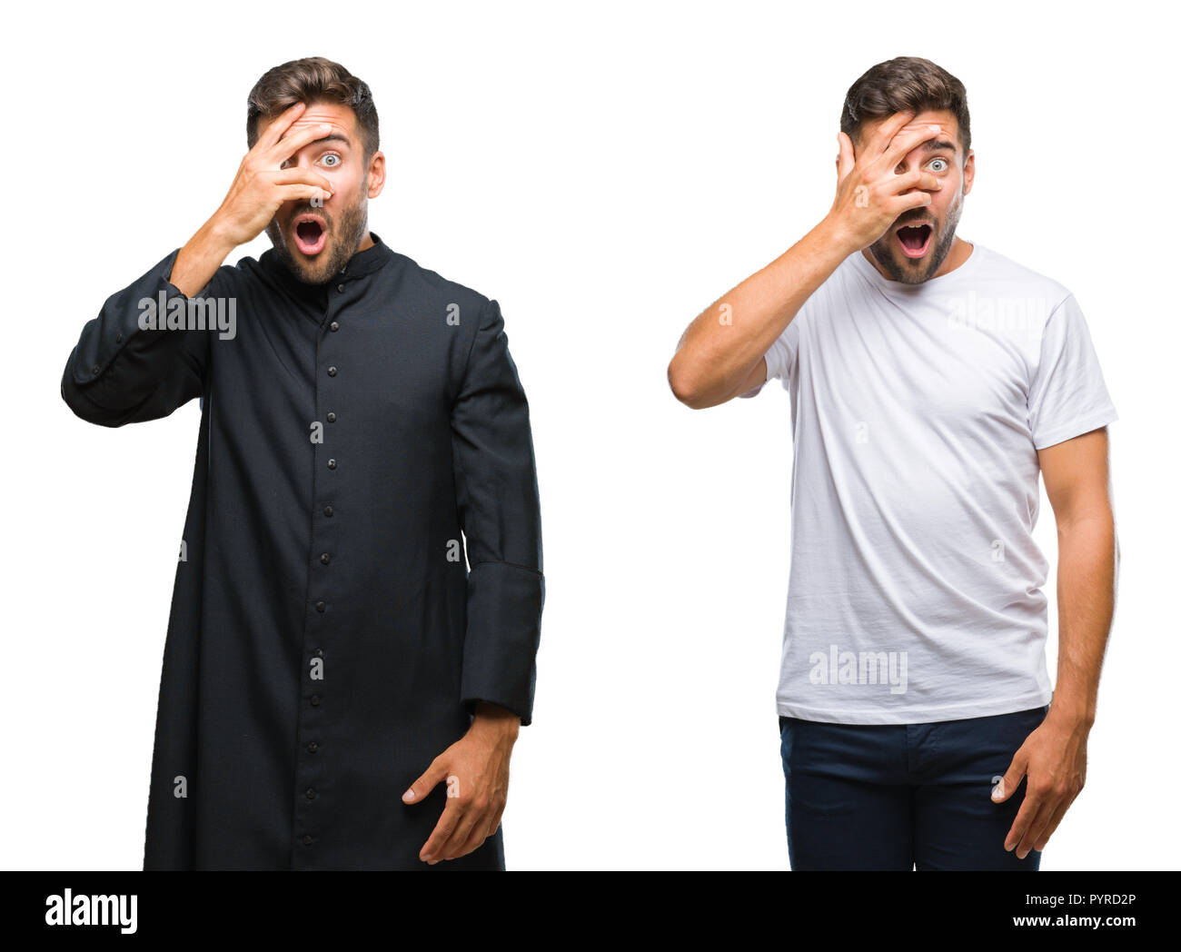 Collage of handsome young man and catholic priest over isolated ...