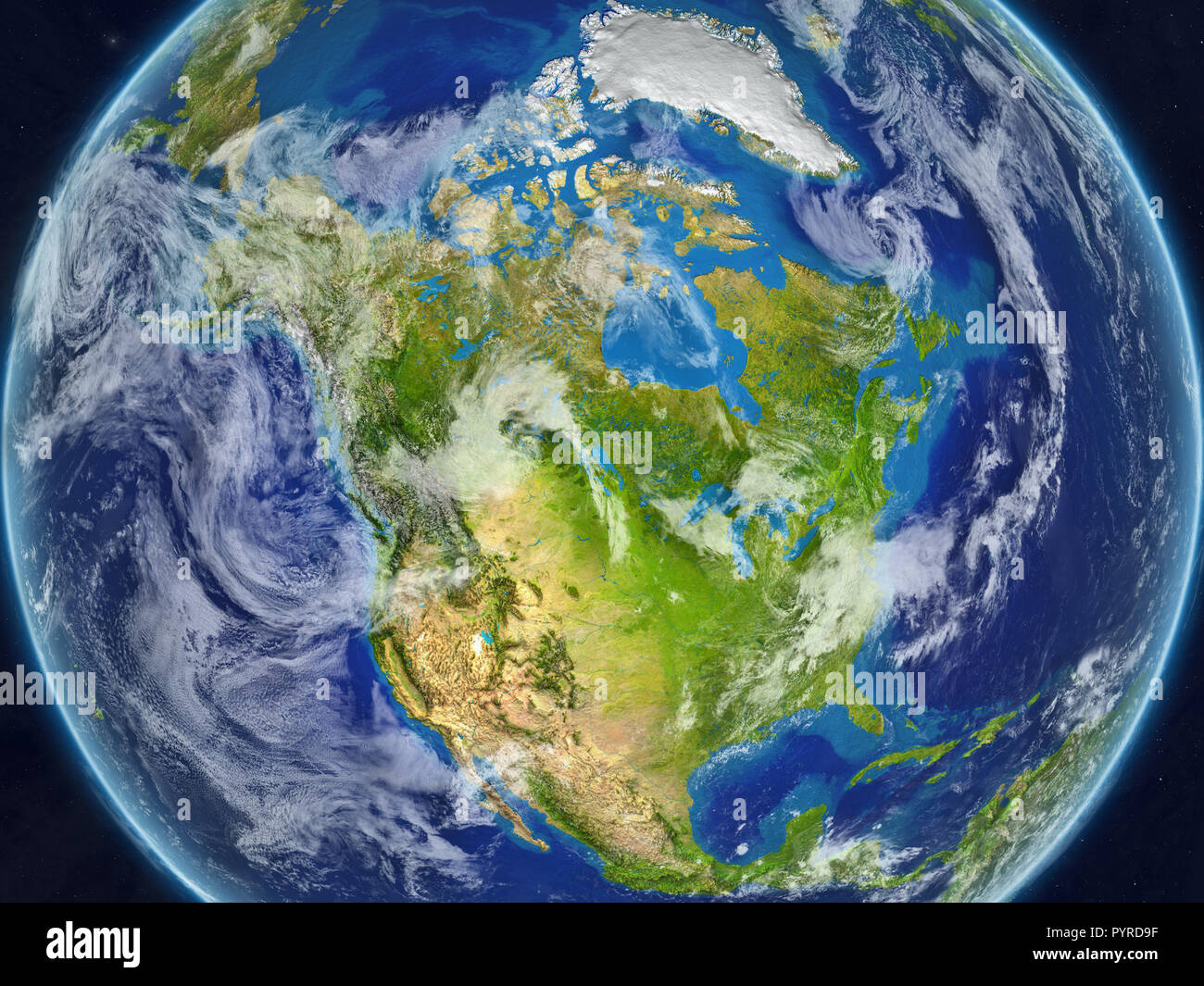 North America from space on realistic model of planet Earth with very ...
