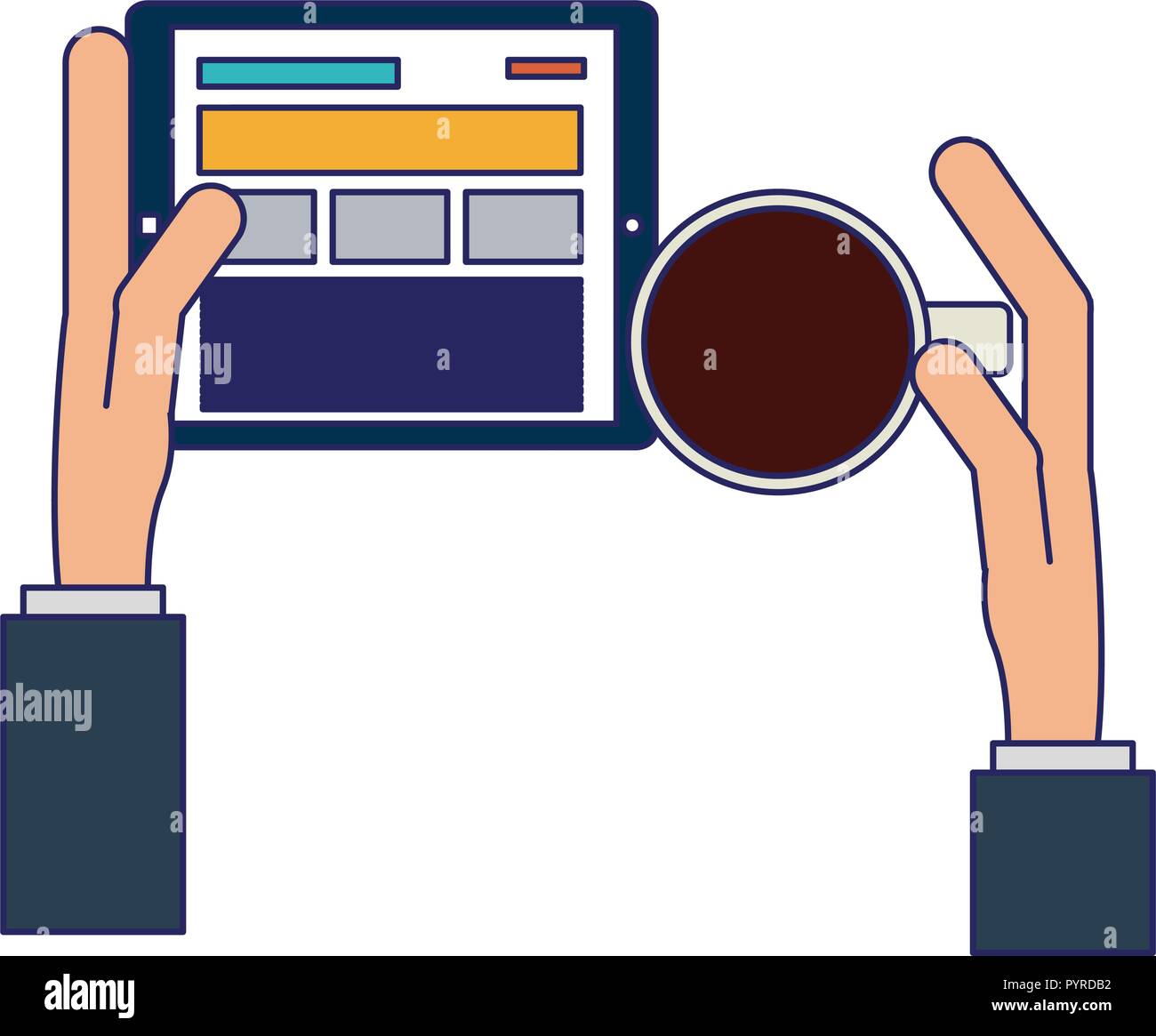 Hands with tablet and coffee cup vector illustration graphic design ...
