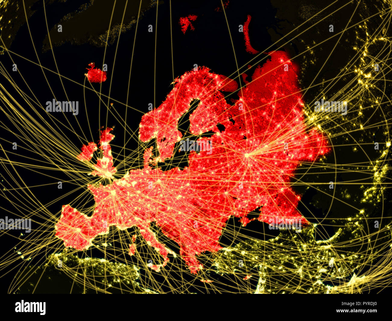 Europe on dark Earth in space with networks representing air traffic or ...