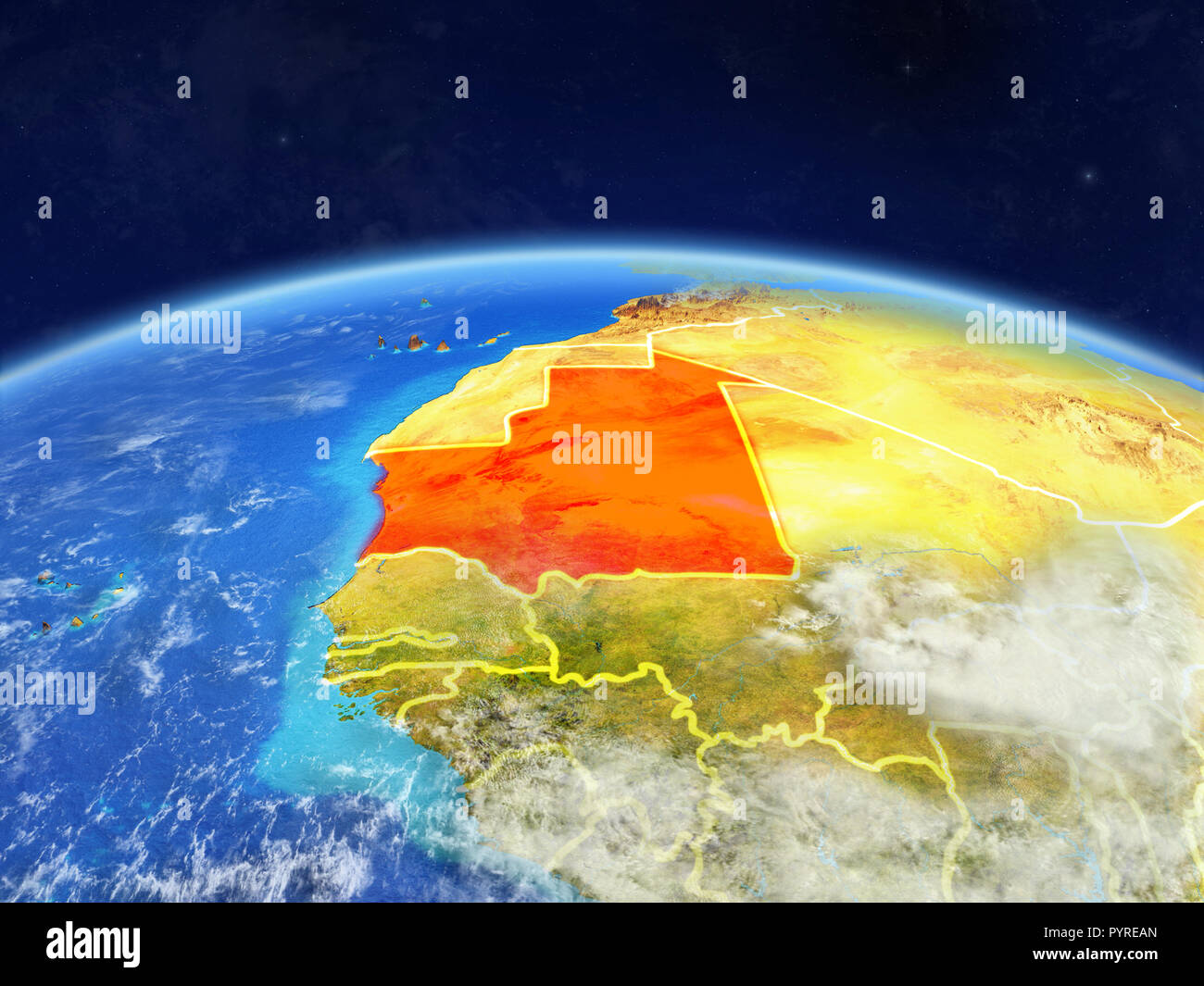 Mauritania on planet Earth with country borders and highly detailed ...