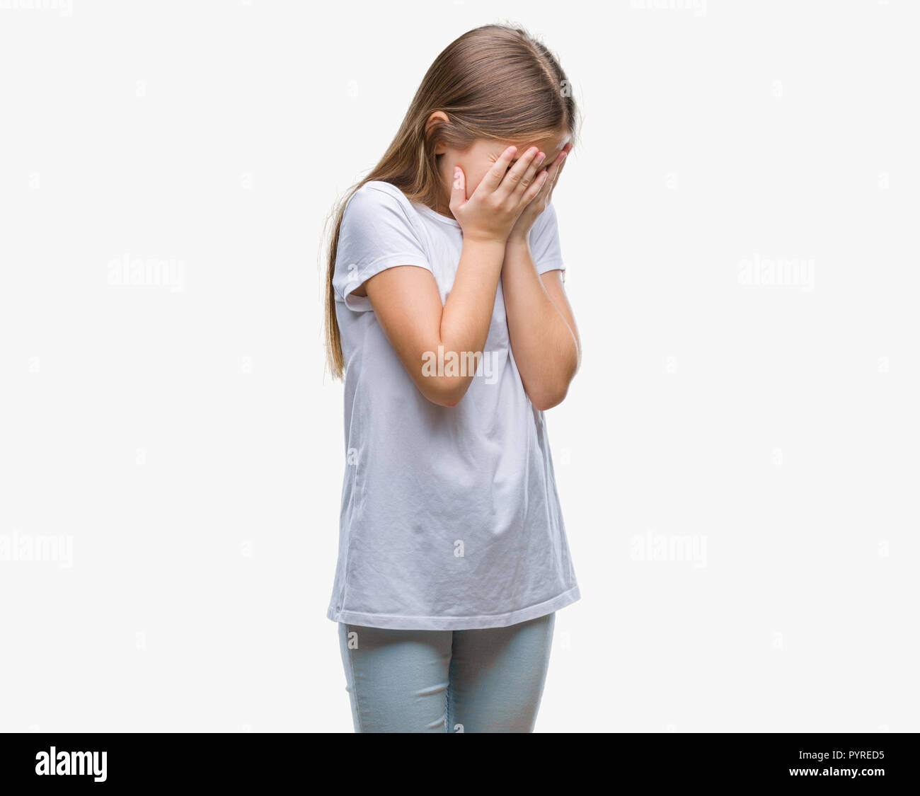 Young beautiful girl over isolated background with sad expression ...