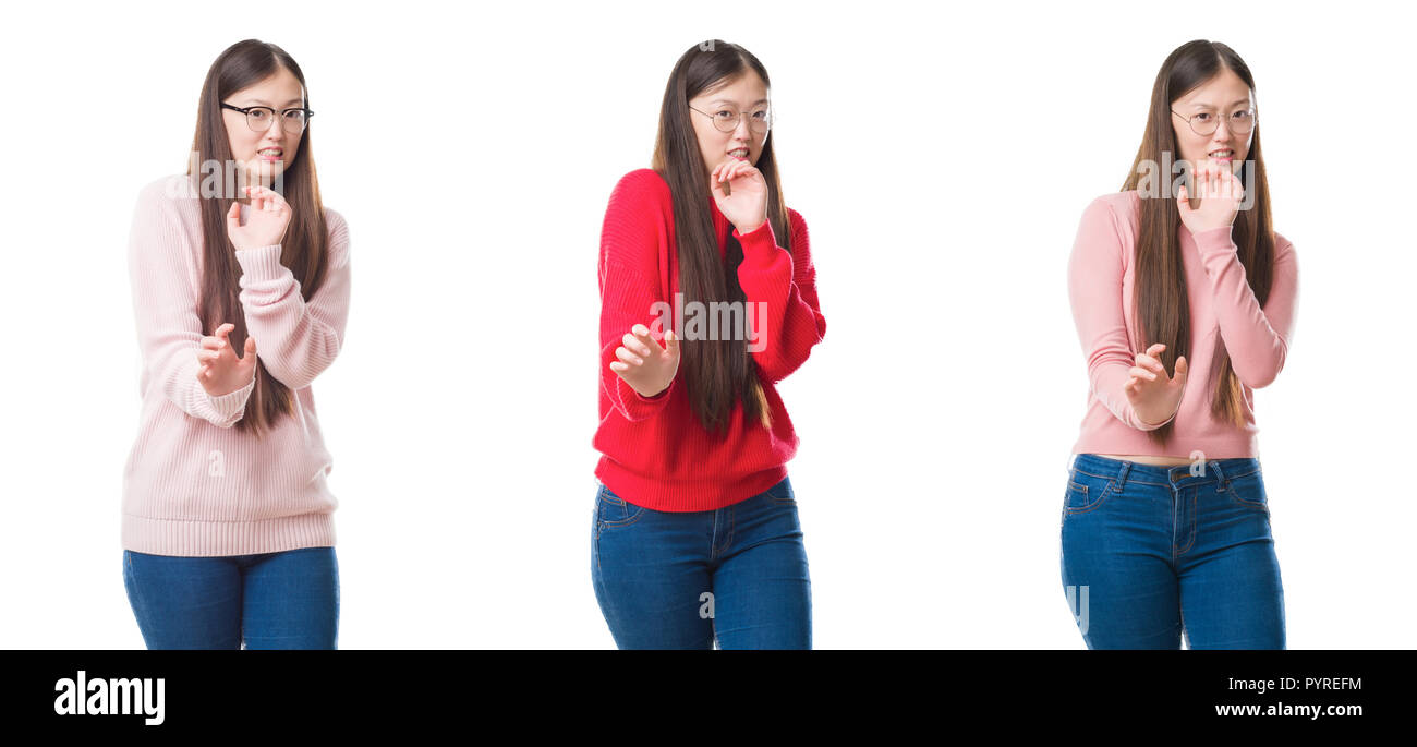 Collage of young beautiful Chinese woman over isolated background ...