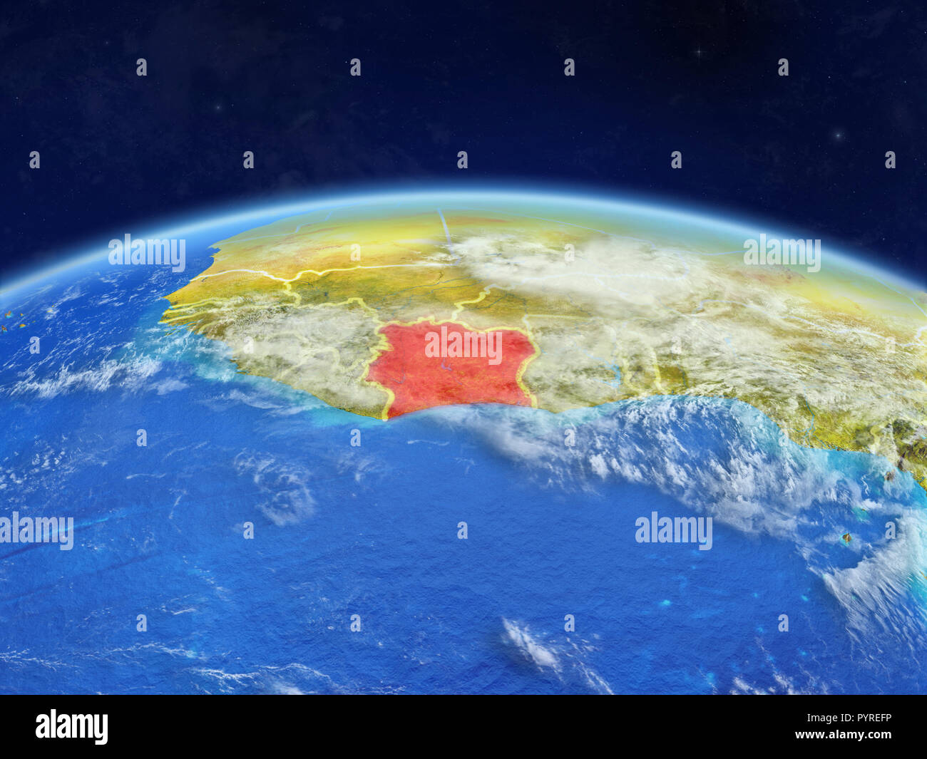 Ivory Coast on planet Earth with country borders and highly detailed ...