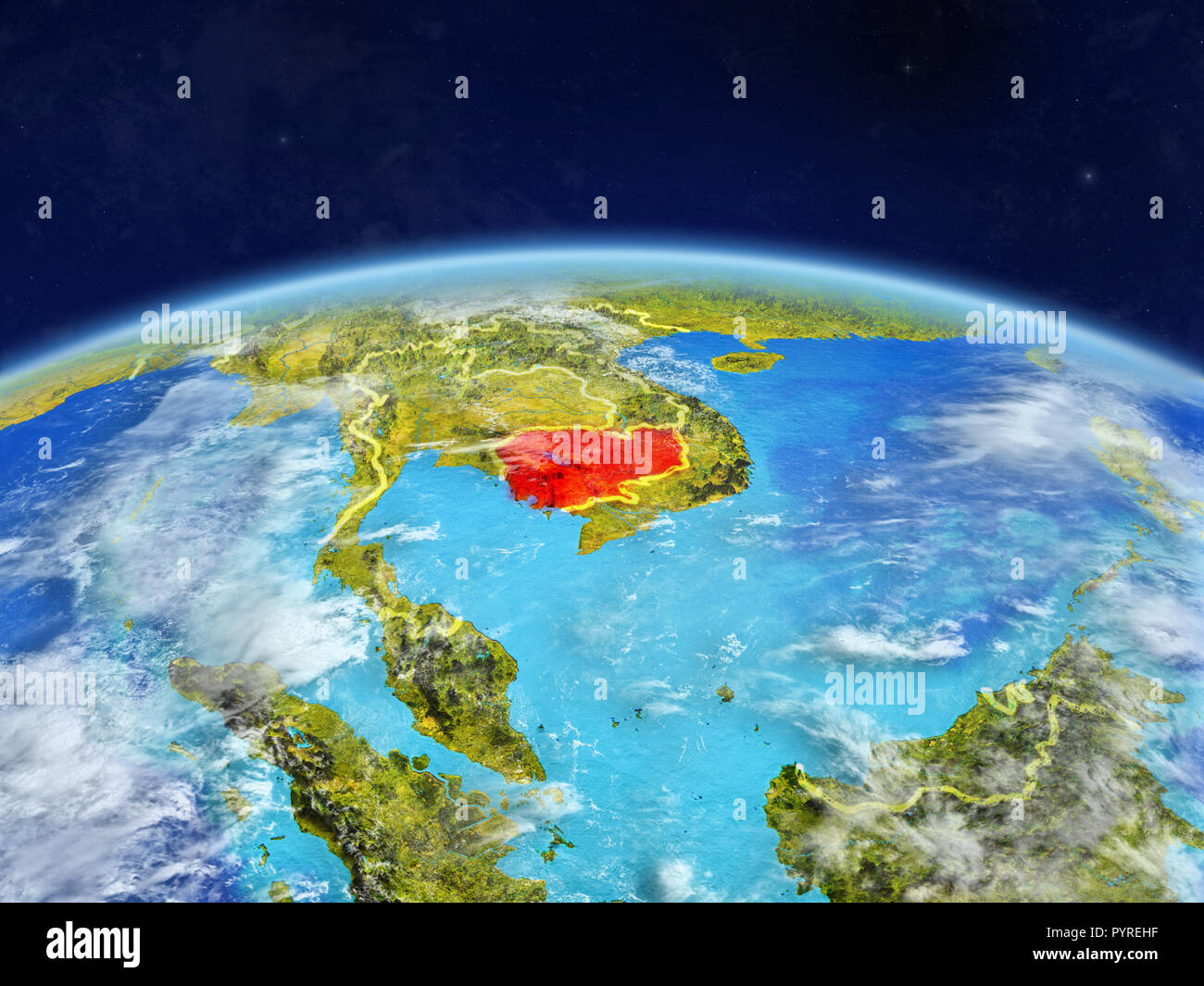 Cambodia on planet Earth with country borders and highly detailed ...