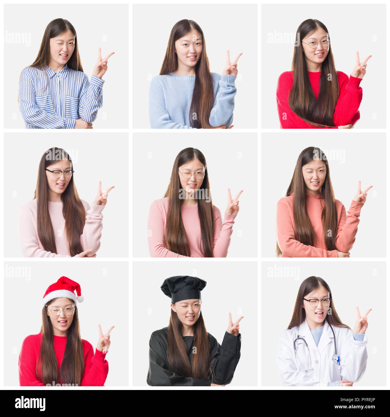 Collage of young doctor, chef asian woman isolated background smiling ...