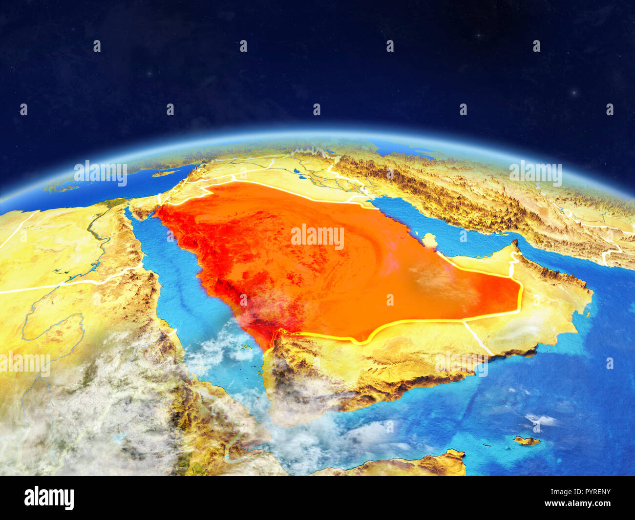 Saudi Arabia on planet Earth with country borders and highly detailed ...