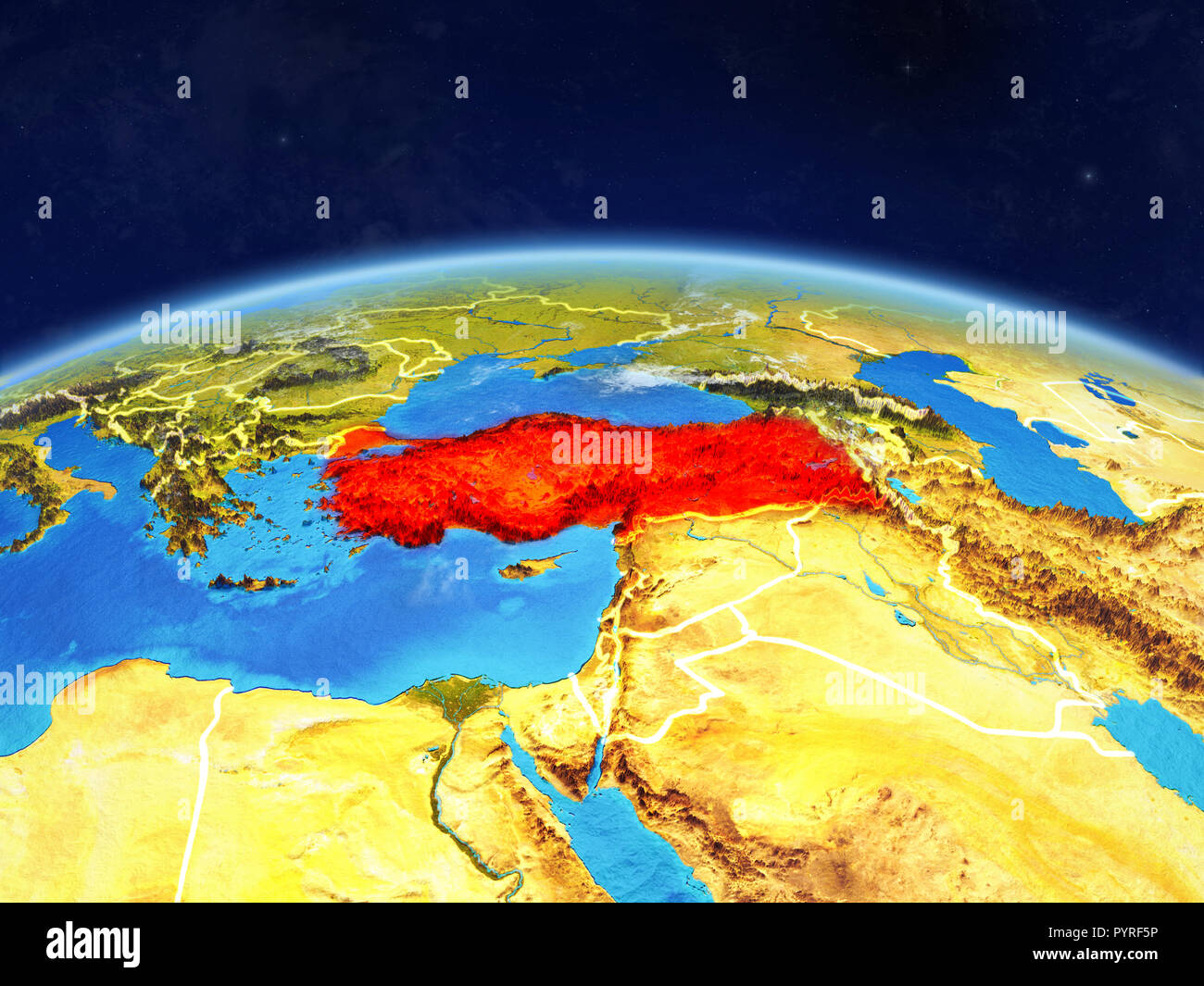 Turkey on planet Earth with country borders and highly detailed planet ...