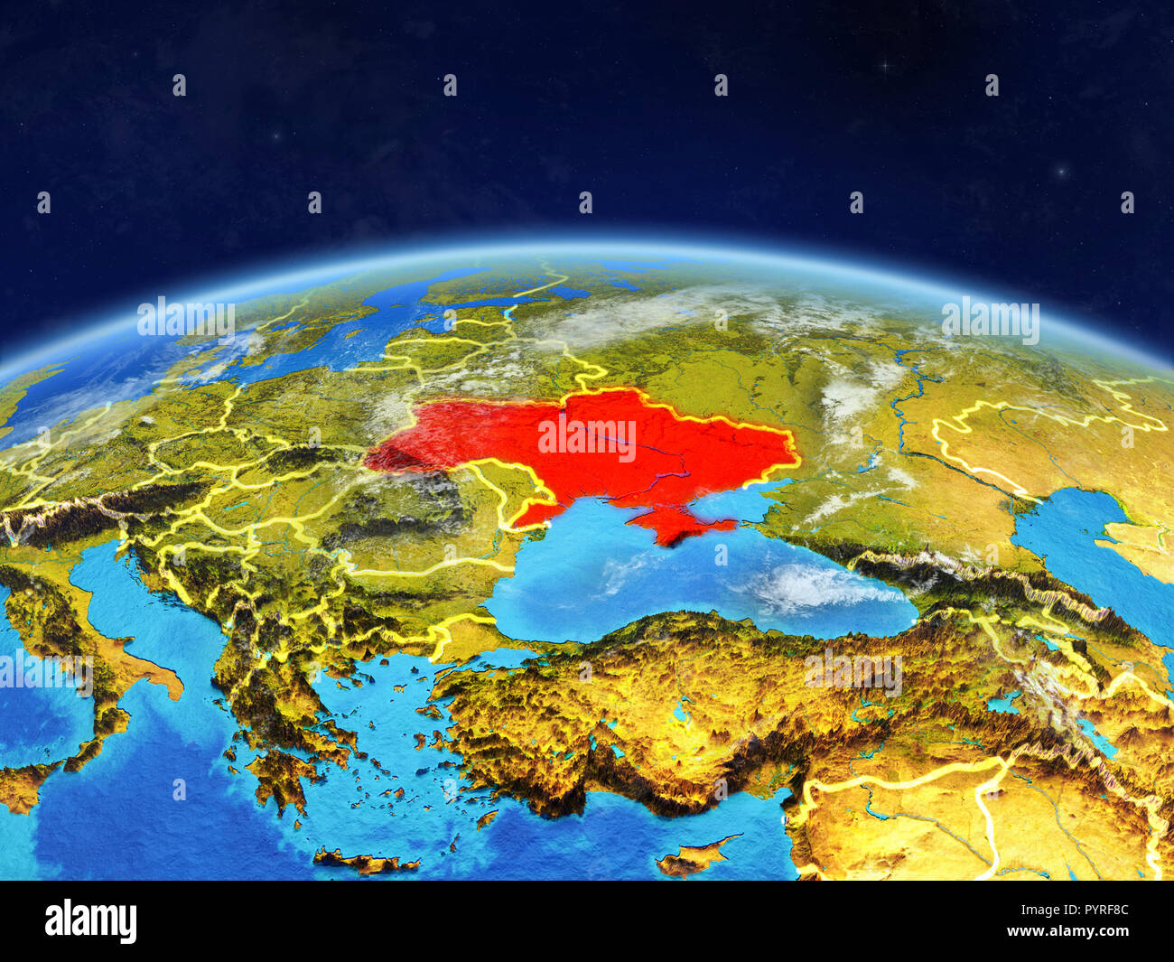 Ukraine on planet Earth with country borders and highly detailed planet ...