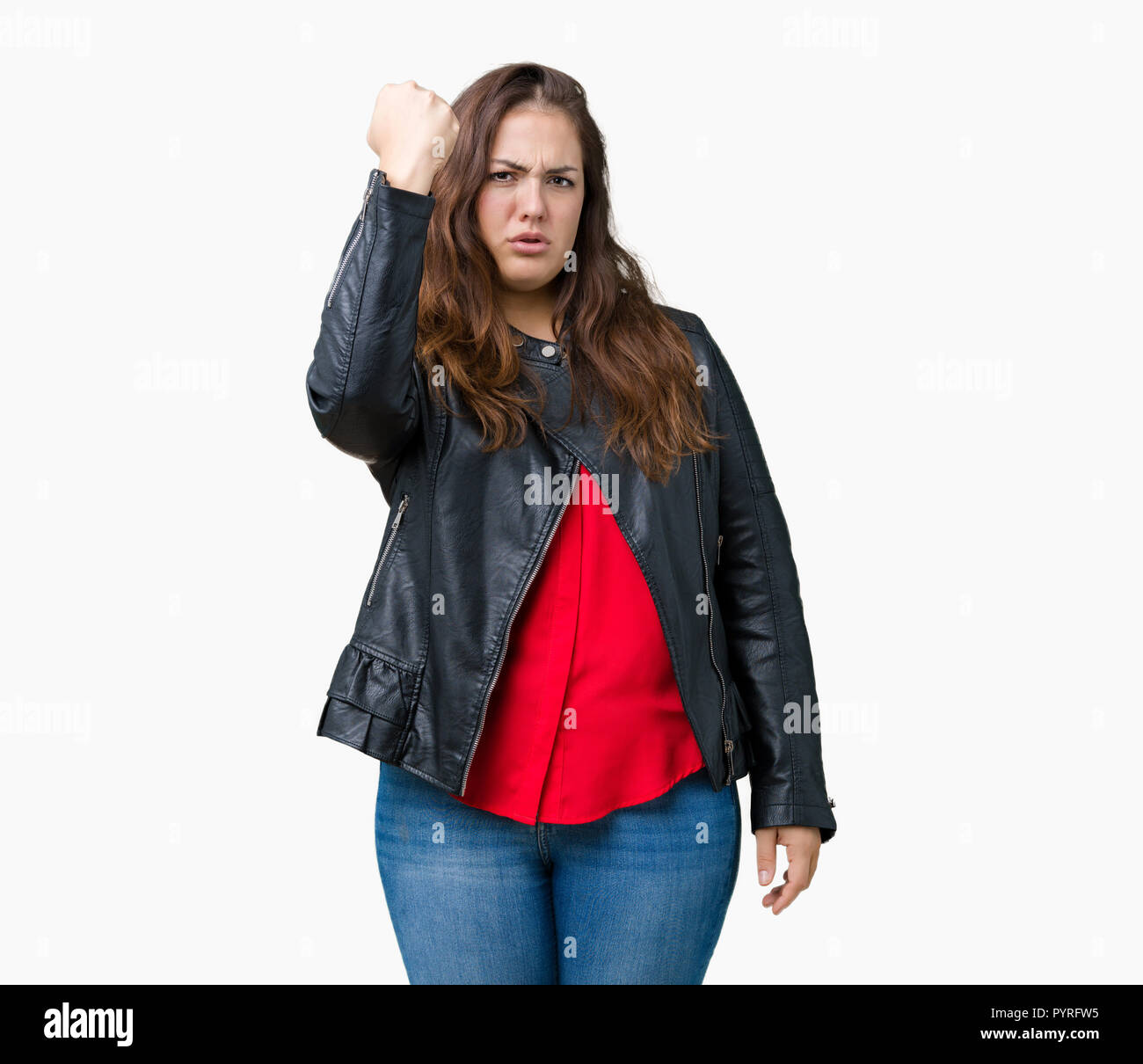 Beautiful plus size young woman wearing a fashion leather jacket over ...
