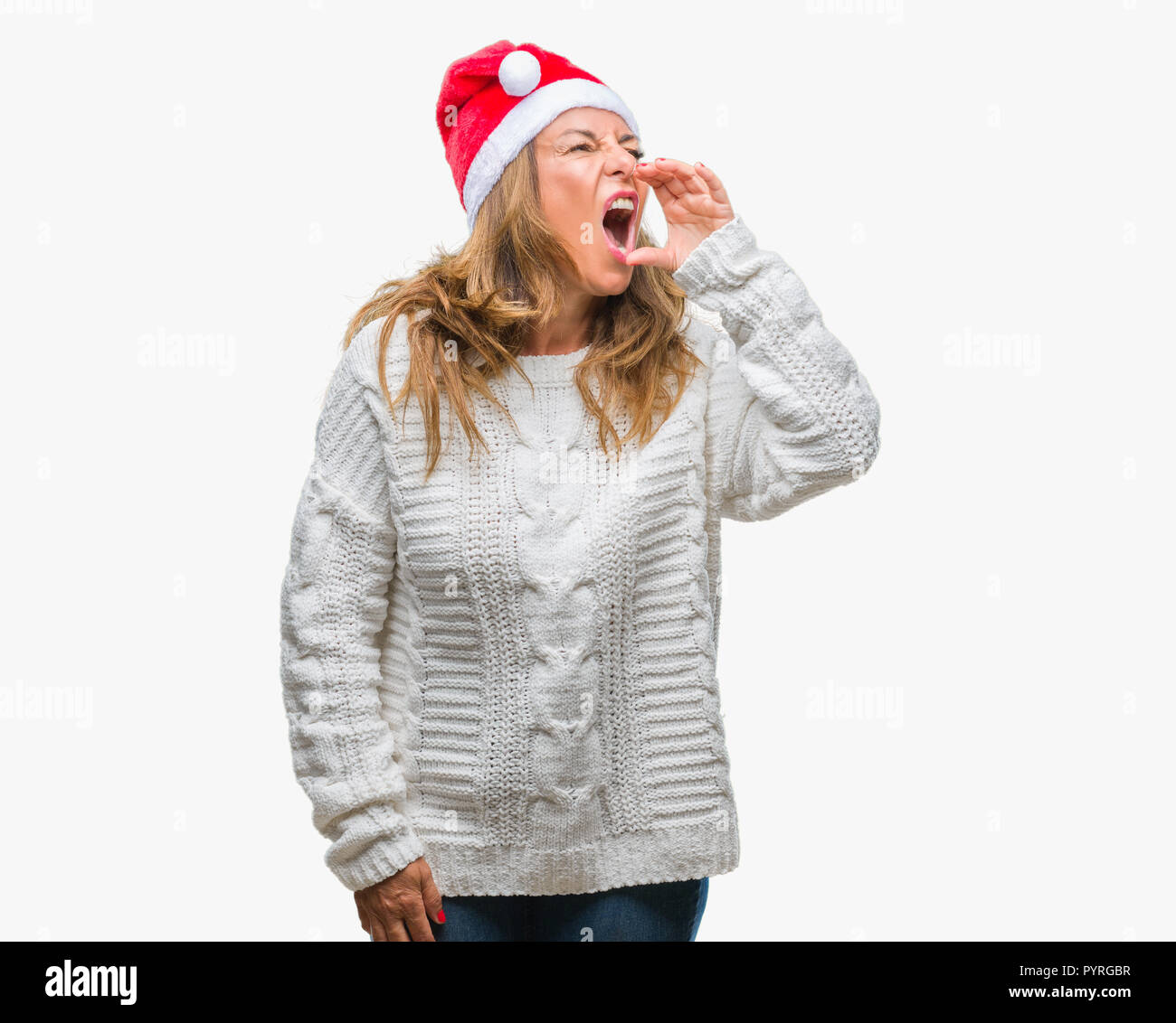 Middle age senior hispanic woman wearing christmas hat over isolated ...
