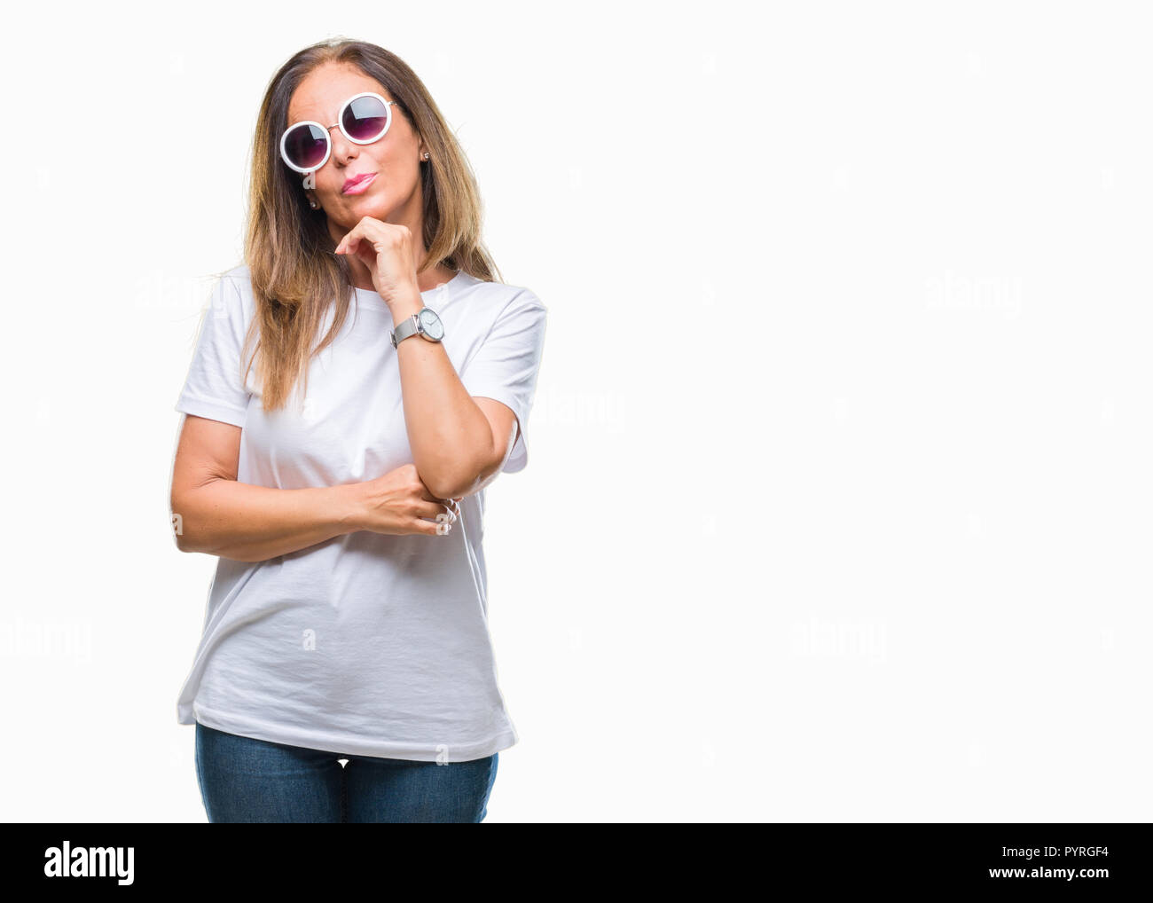 Middle age hispanic woman wearing fashion sunglasses over isolated ...