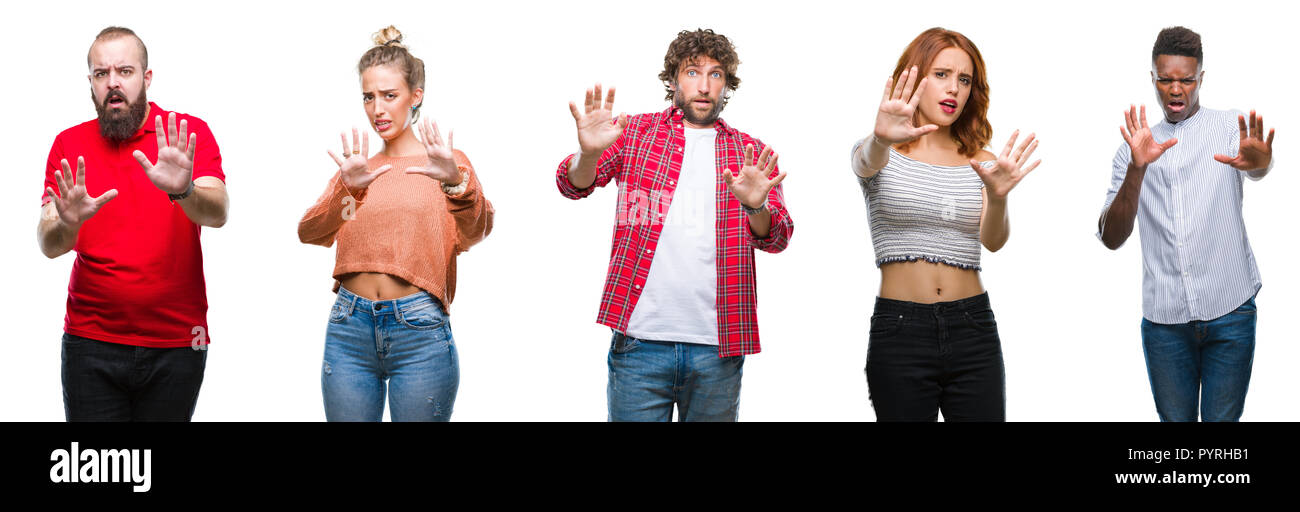 Collage of group of young people over colorful isolated background ...