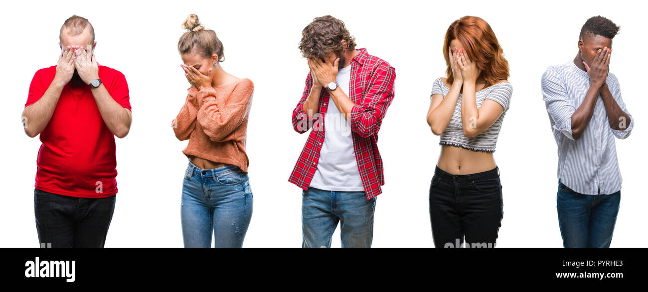 Collage of group of young people over colorful isolated background with ...