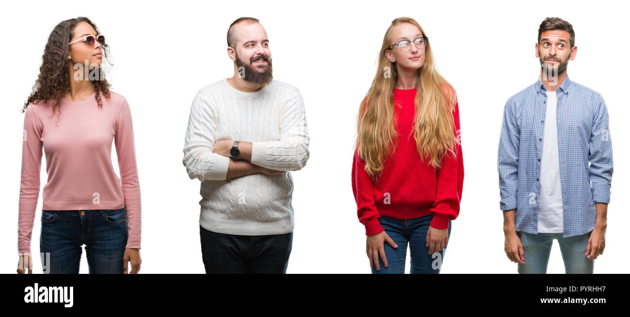 Collage of group of young people over white isolated background smiling ...