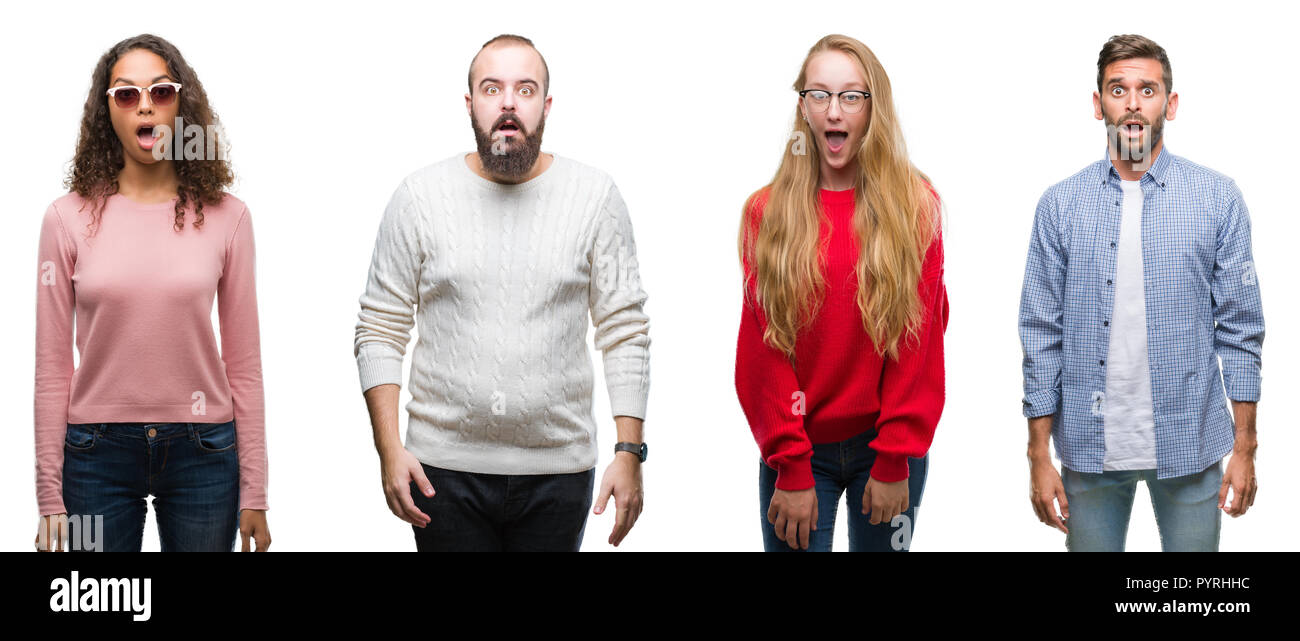 Collage of group of young people over white isolated background afraid ...