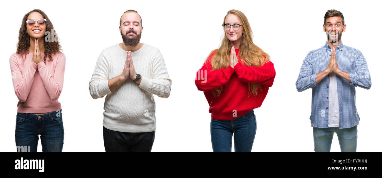 Collage of group of young people over white isolated background praying ...