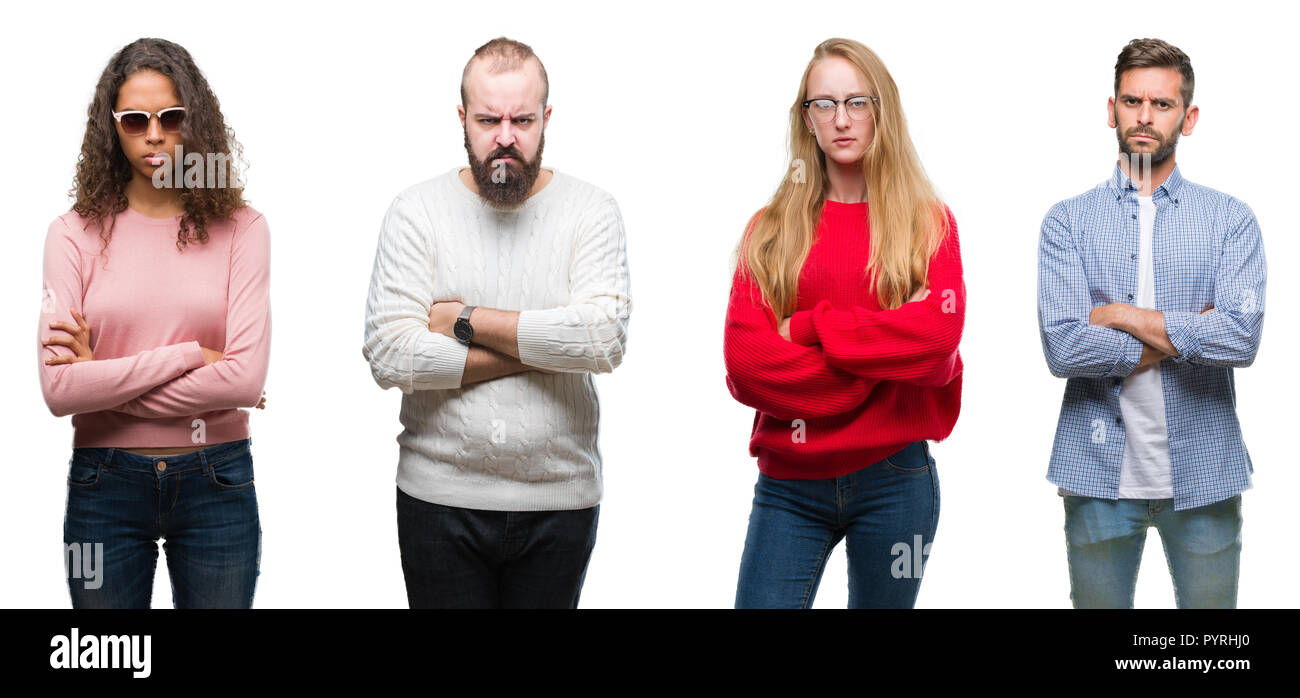 Collage of group of young people over white isolated background skeptic ...