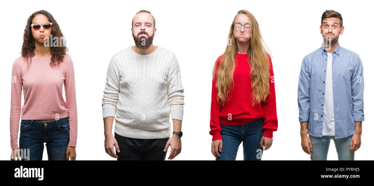 Collage of group of young people over white isolated background puffing ...