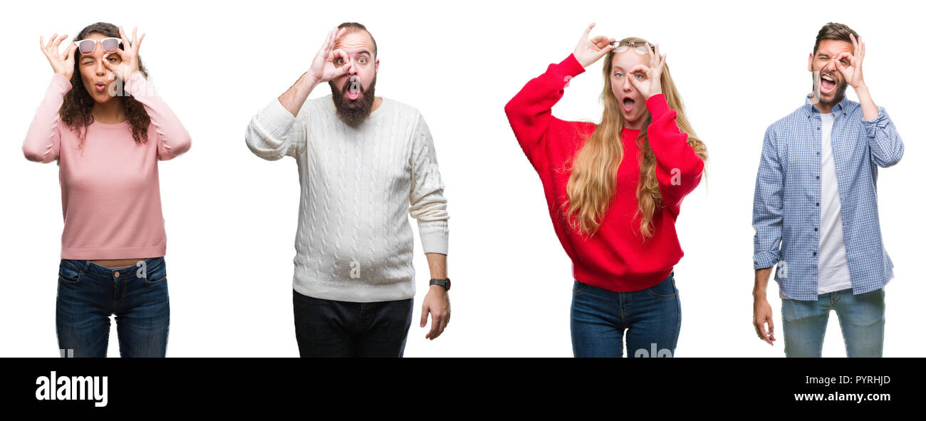Collage of group of young people over white isolated background doing ...
