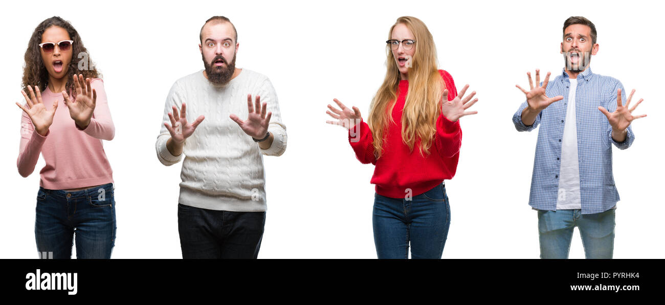 Collage of group of young people over white isolated background afraid ...