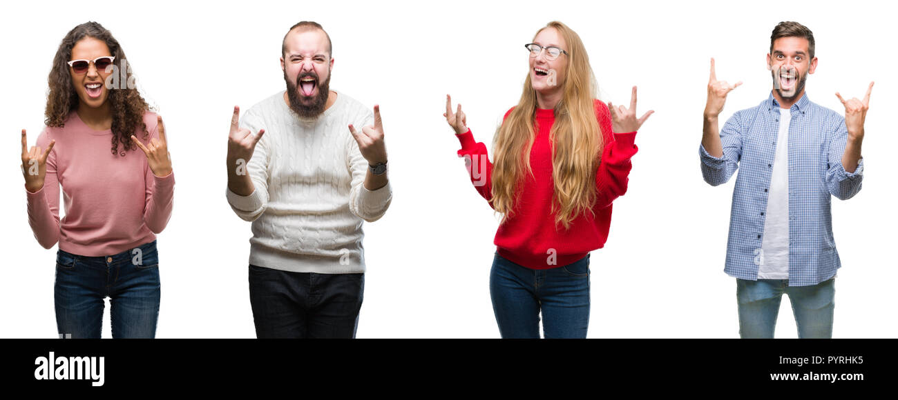 Collage of group of young people over white isolated background ...