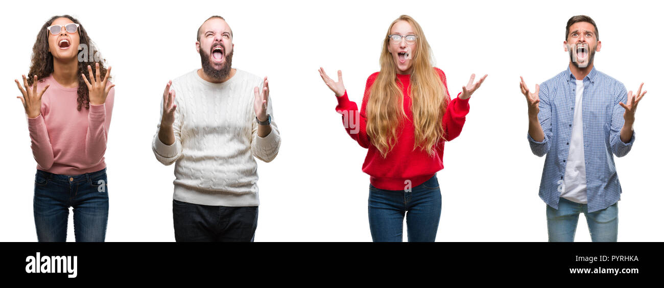 Collage of group of young people over white isolated background crazy ...