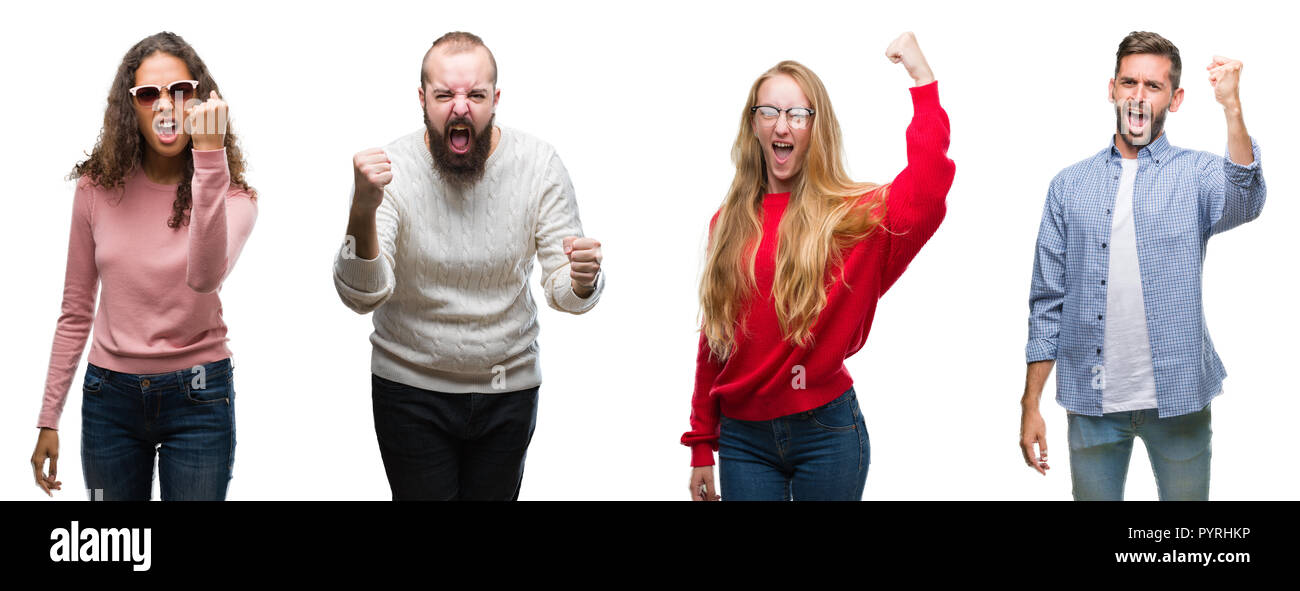 Collage of group of young people over white isolated background angry ...