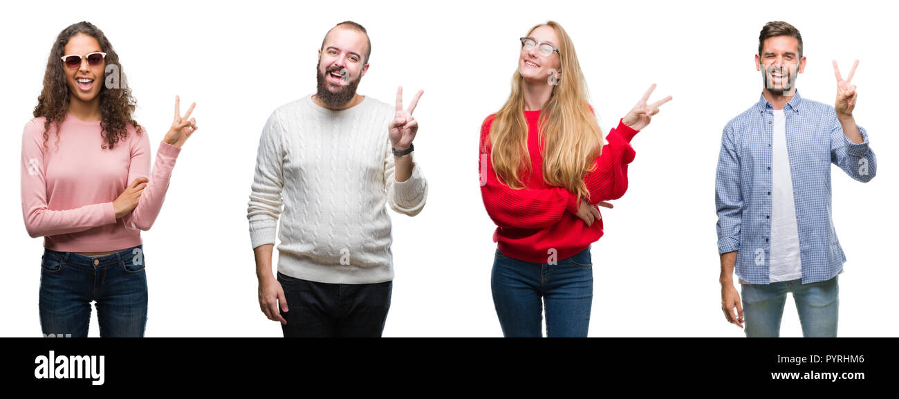Collage of group of young people over white isolated background smiling ...
