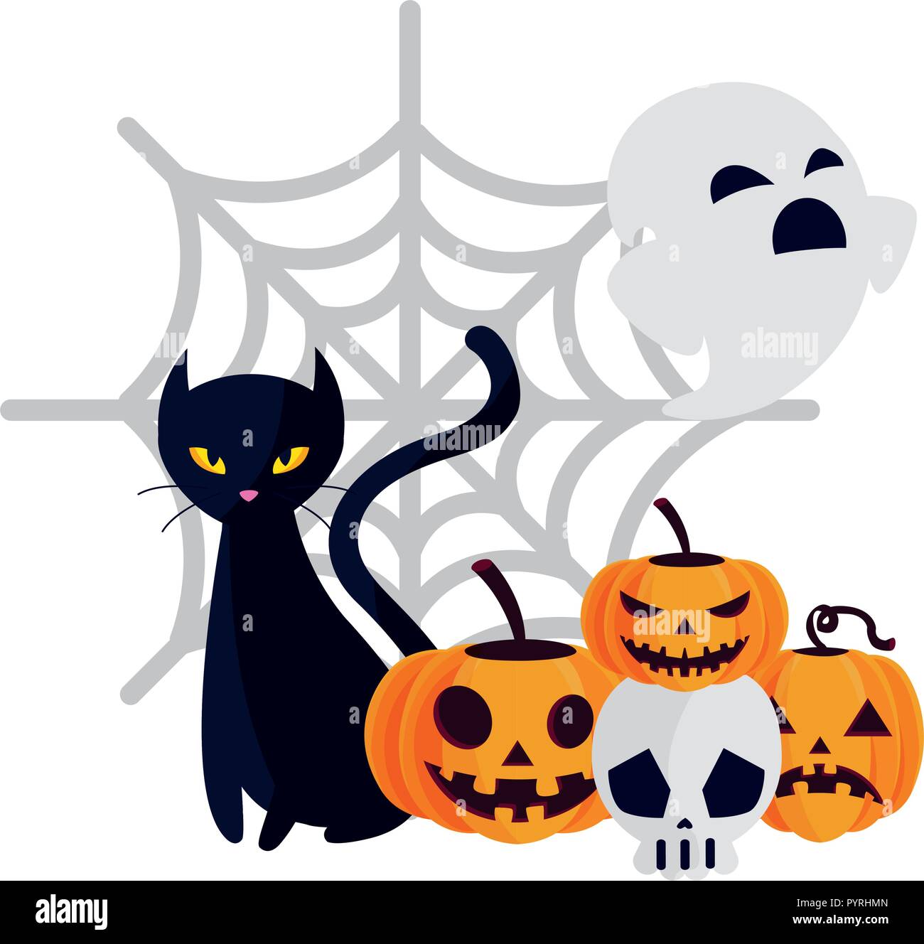 halloween black cat with ghost characters vector illustration design ...