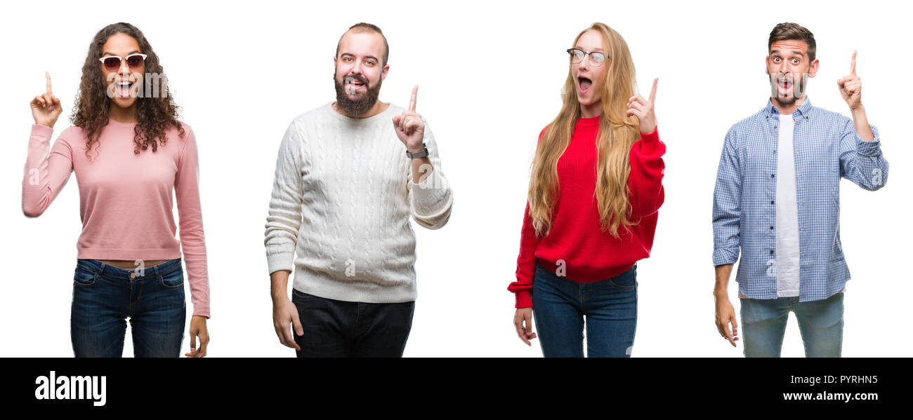 Collage of group of young people over white isolated background ...
