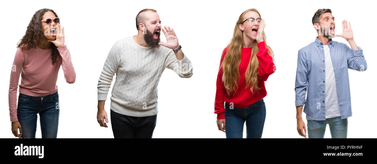 Collage of group of young people over white isolated background ...