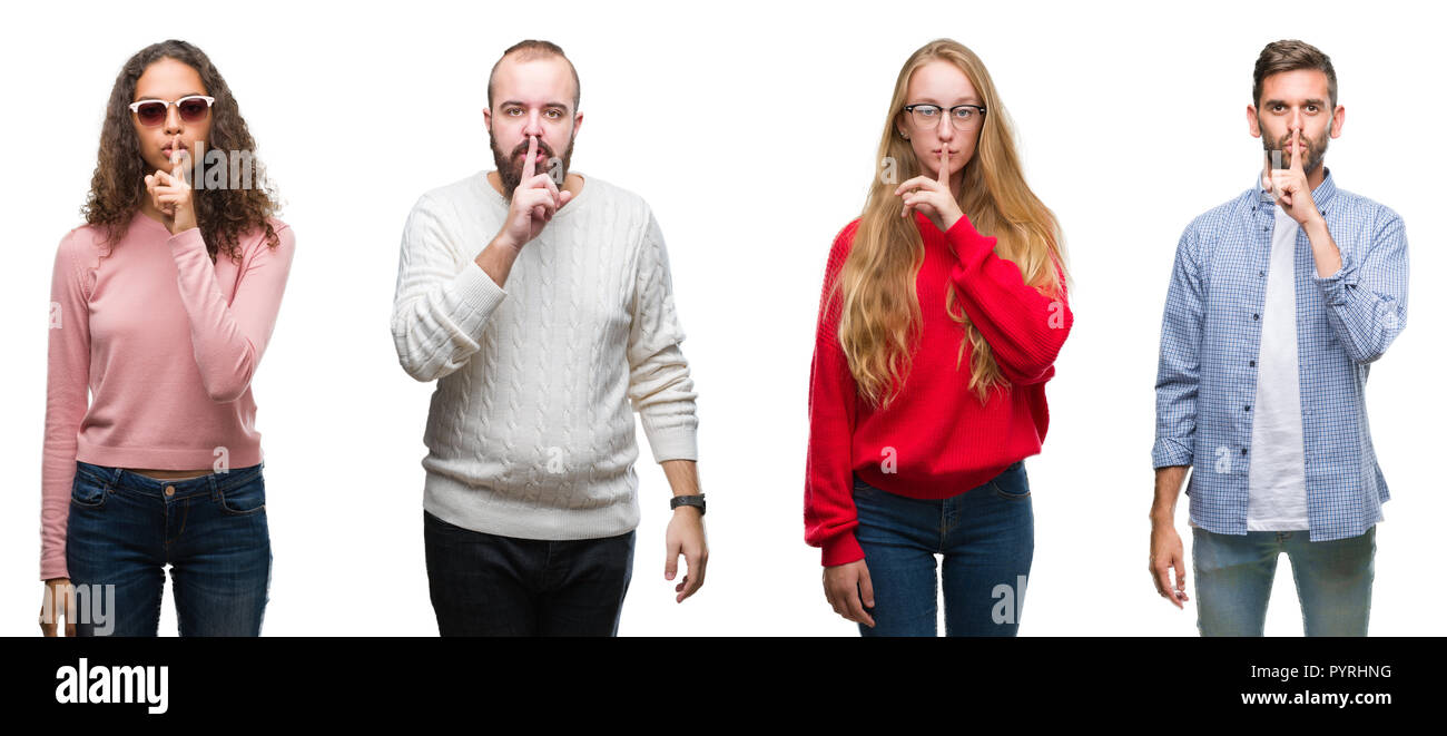 Collage of group of young people over white isolated background asking ...