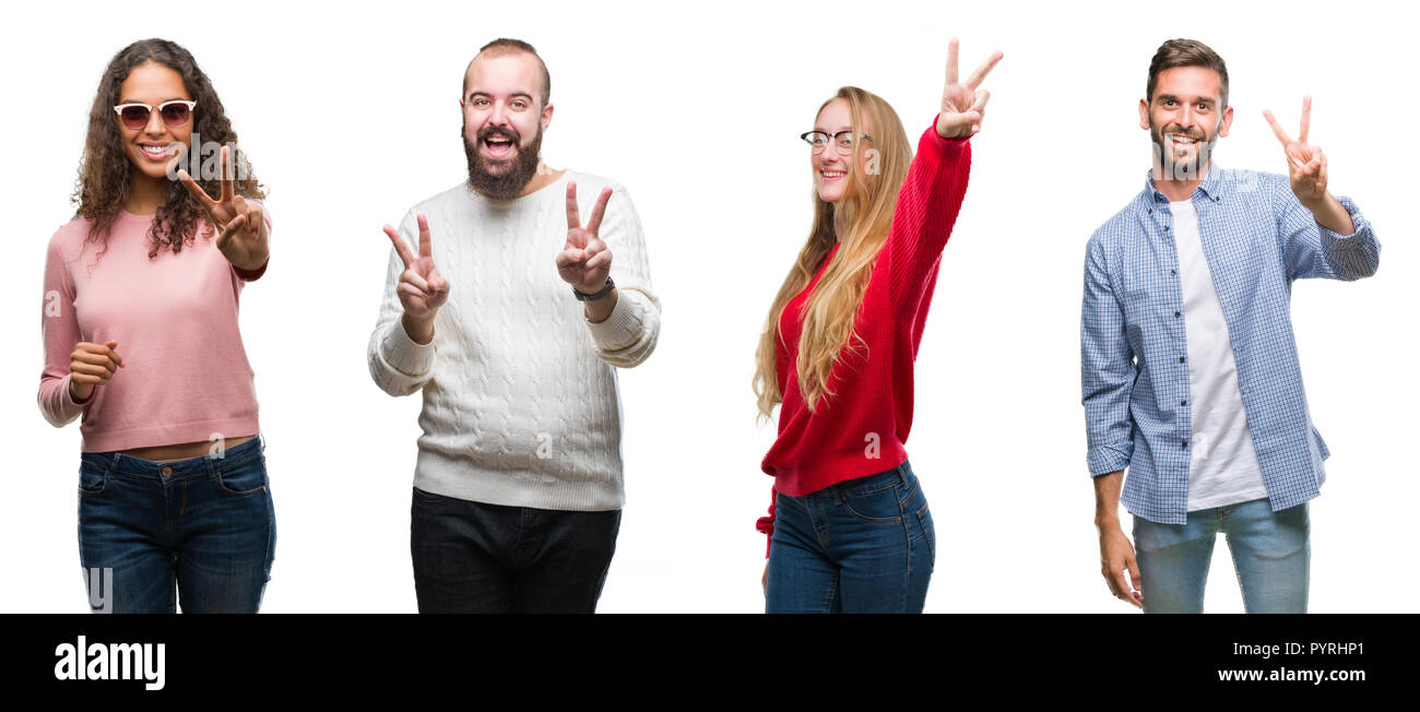 Collage of group of young people over white isolated background smiling ...