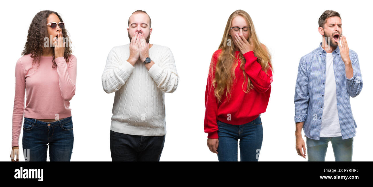 Collage of group of young people over white isolated background bored ...