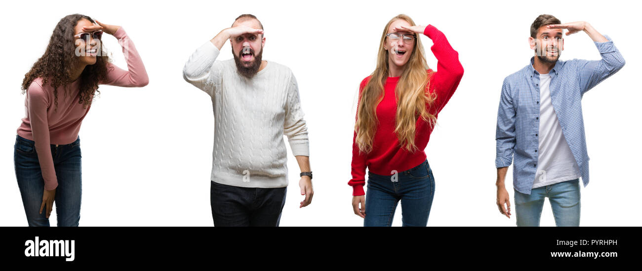 Collage of group of young people over white isolated background very ...