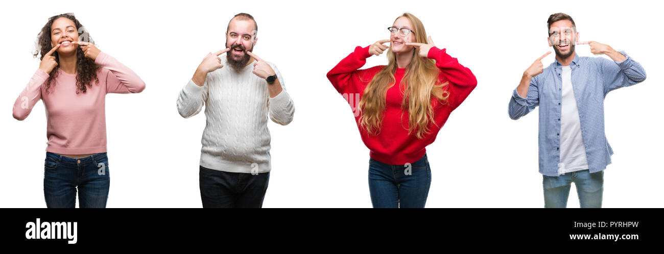 Collage of group of young people over white isolated background smiling ...